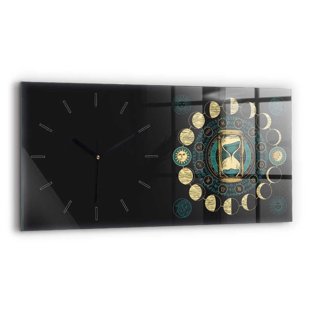 Horizontal wall clock Moon phases and hourglass - mirrormatic.co.uk