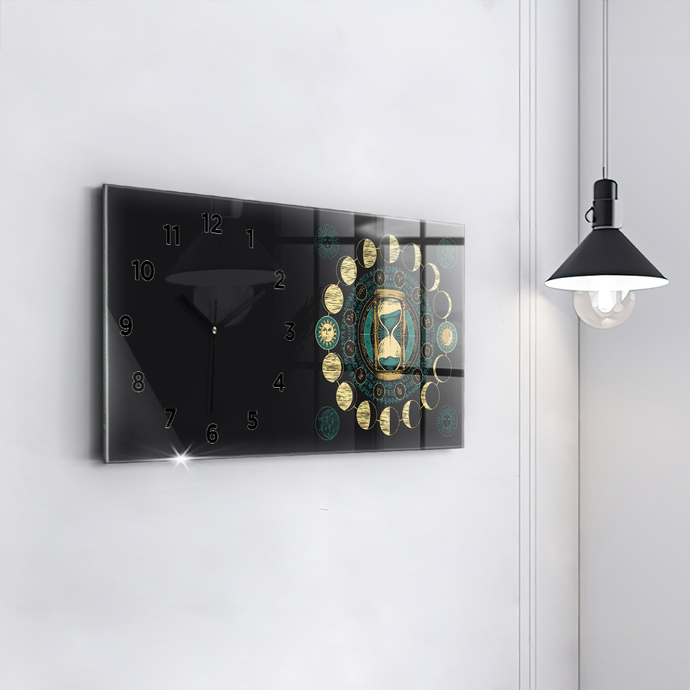 Horizontal wall clock Moon phases and hourglass - mirrormatic.co.uk