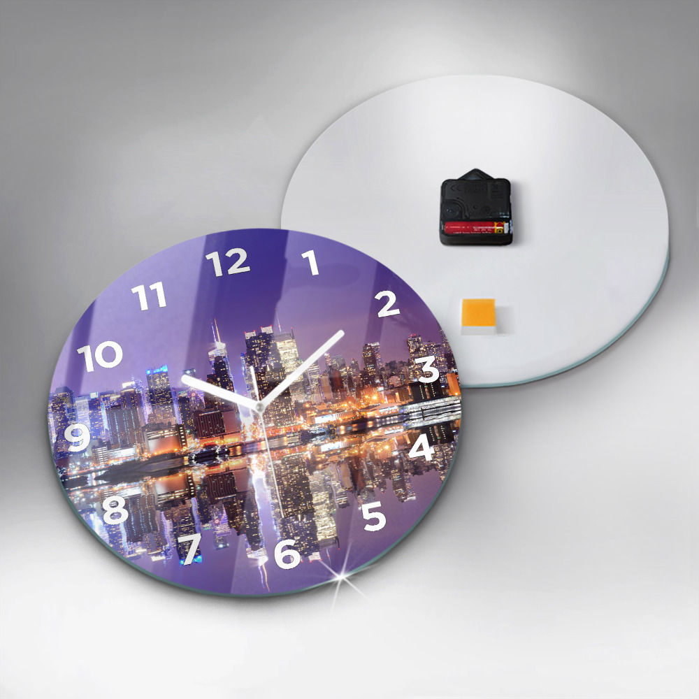 Round glass wall clock New York City at Night - mirrormatic.co.uk