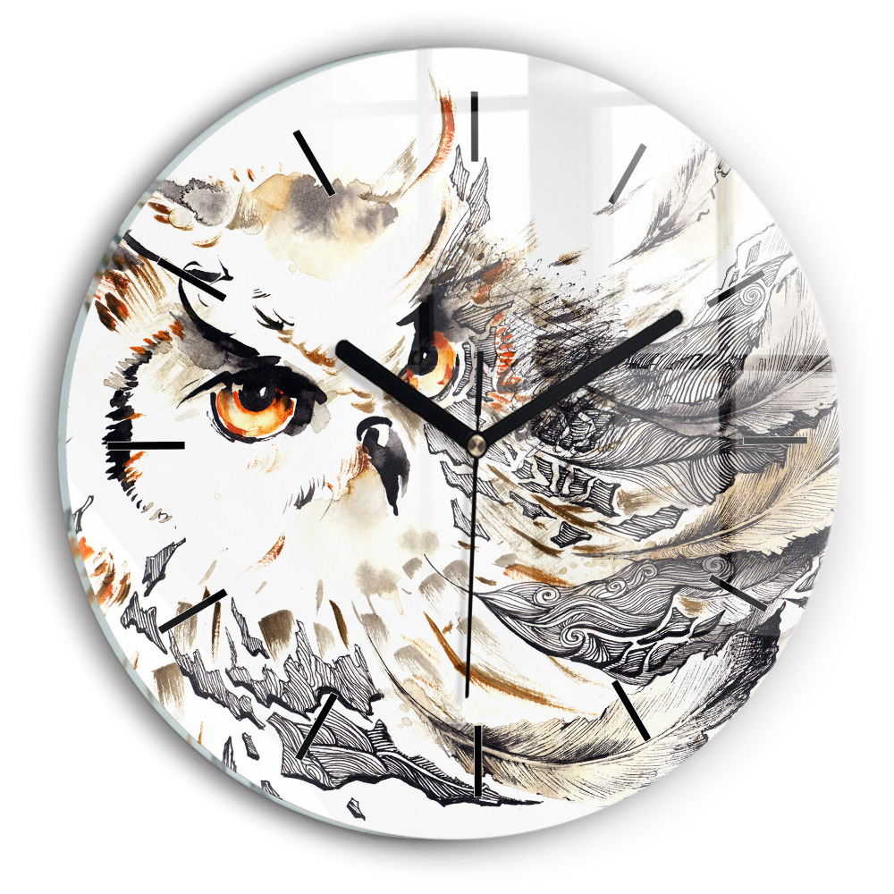 Round glass wall clock Owl symbol of wisdom - mirrormatic.co.uk