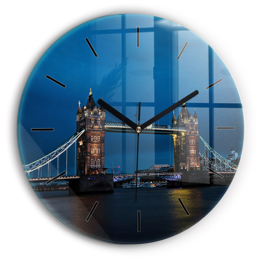 Round glass wall clock Tower Bridge London at night - mirrormatic.co.uk