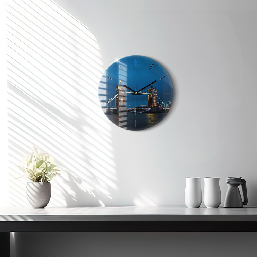 Round glass wall clock Tower Bridge London at night - mirrormatic.co.uk