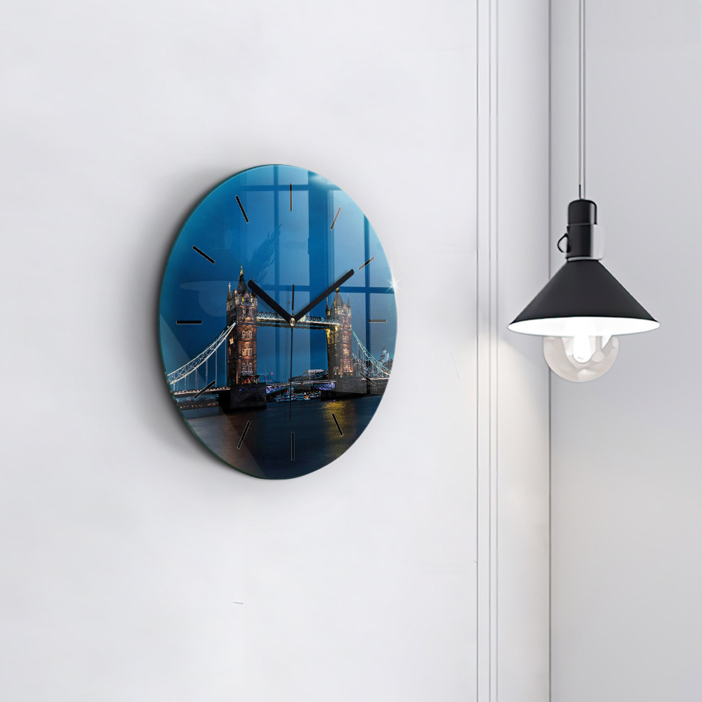 Round glass wall clock Tower Bridge London at night - mirrormatic.co.uk