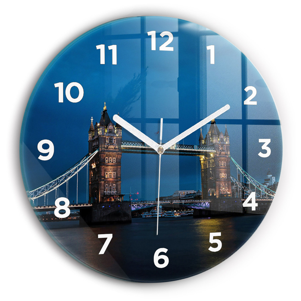 Round glass wall clock Tower Bridge London at night - mirrormatic.co.uk