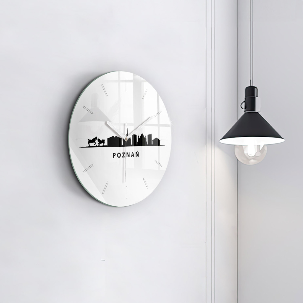 Round glass wall clock Poznan panorama graphics - mirrormatic.co.uk