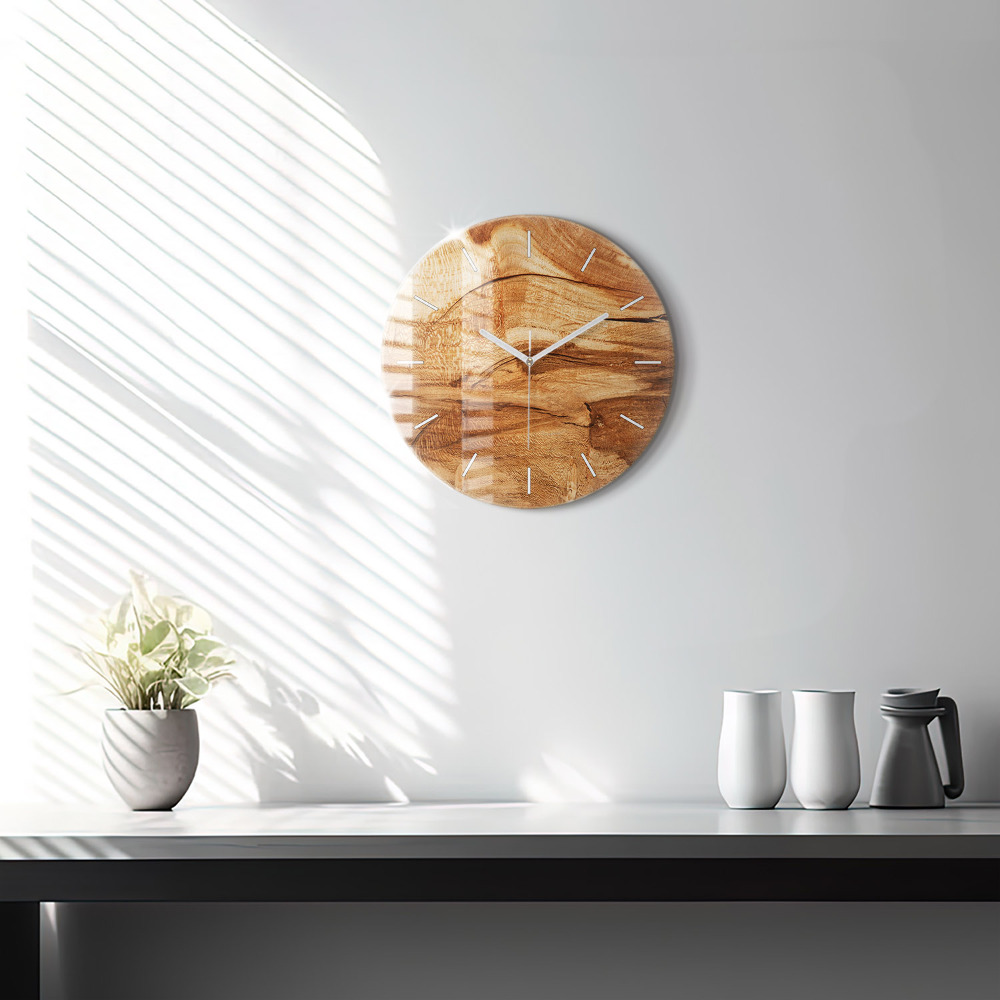 Round glass wall clock Wood texture - mirrormatic.co.uk