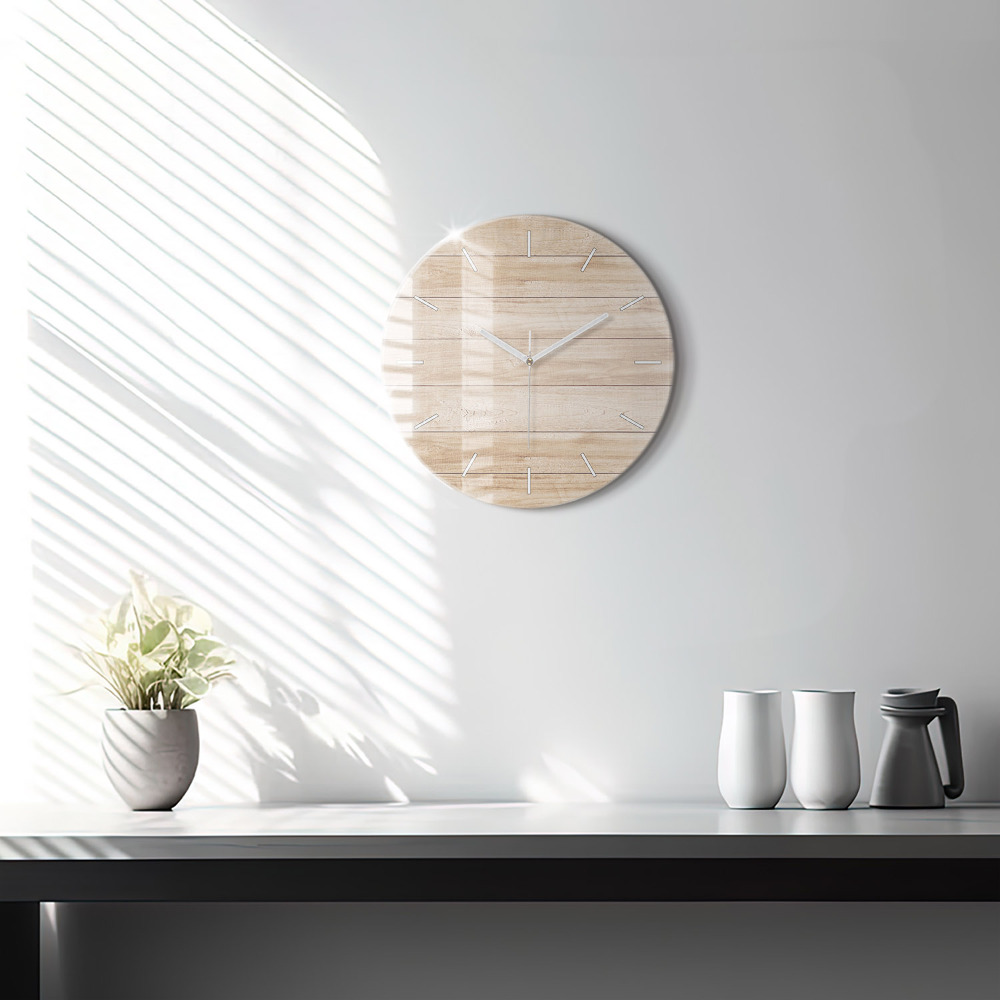 Round glass wall clock Wooden texture - mirrormatic.co.uk