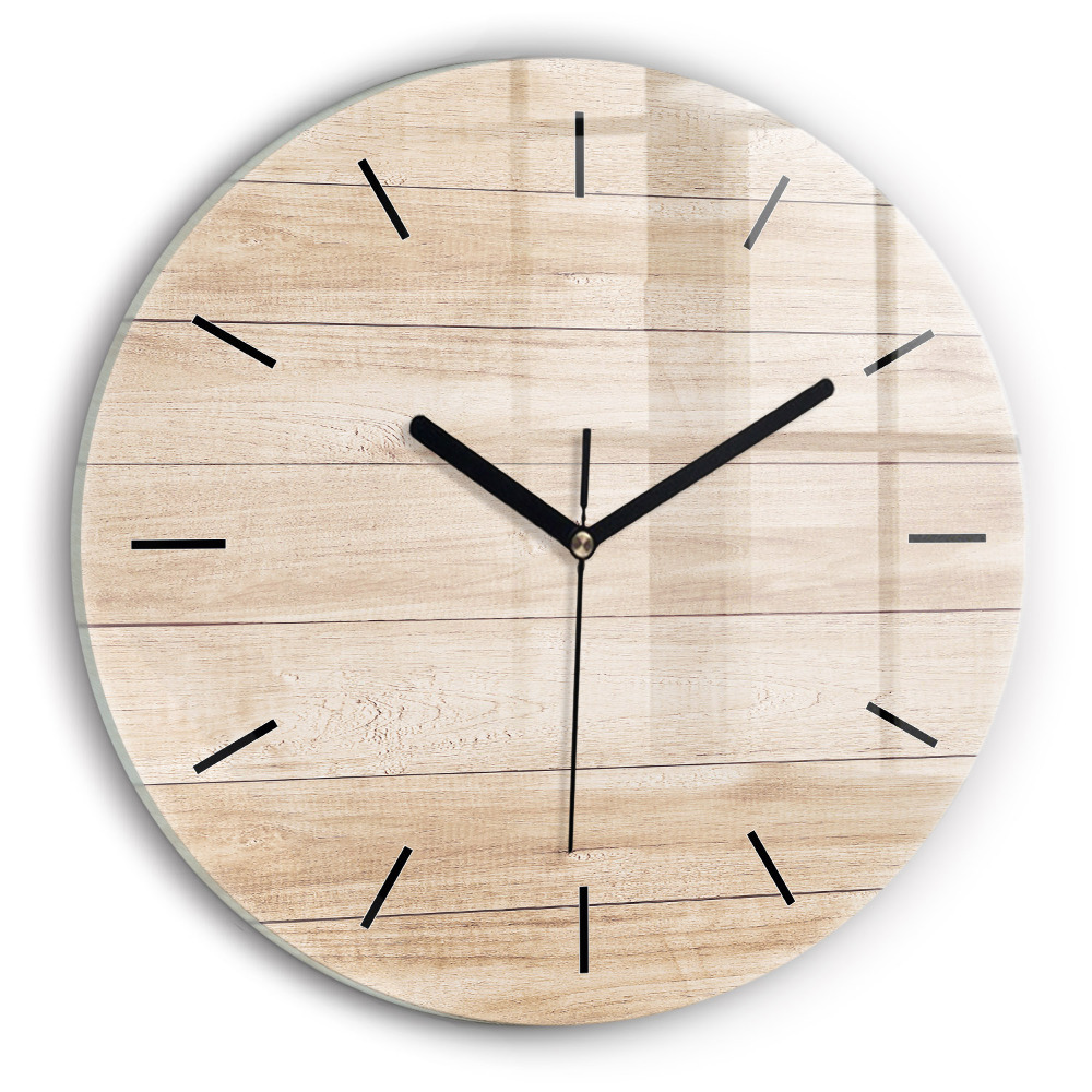 Round glass wall clock Wooden texture - mirrormatic.co.uk
