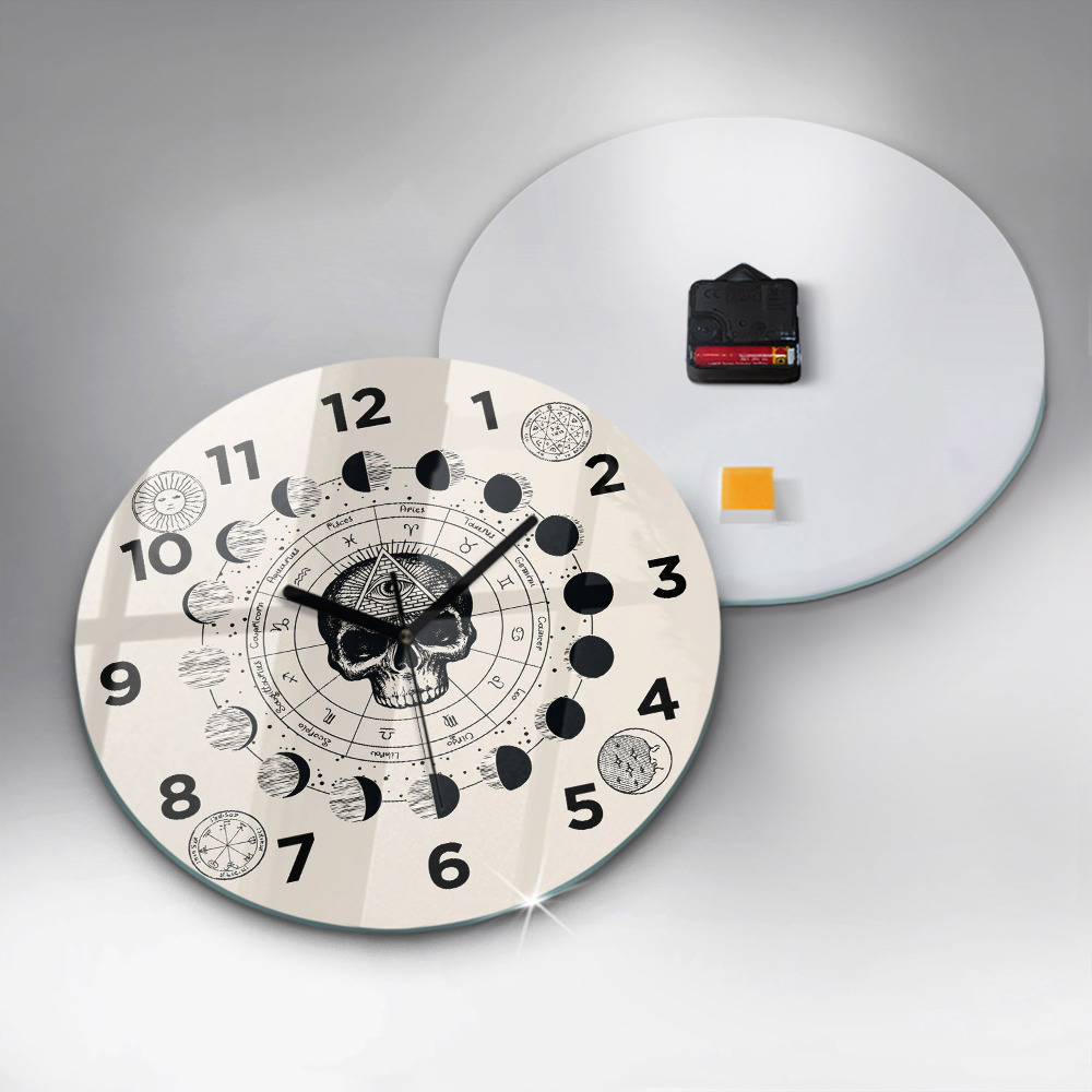 Round glass wall clock Moon phases - mirrormatic.co.uk