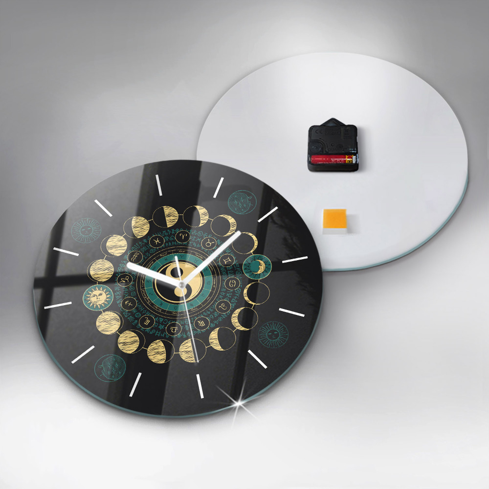Round glass wall clock Moon phases - mirrormatic.co.uk