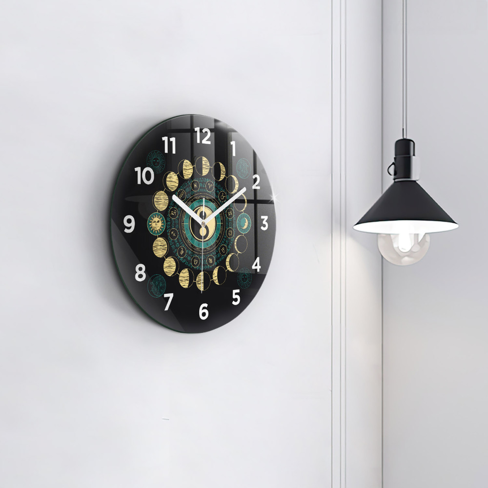 Round glass wall clock Moon phases - mirrormatic.co.uk