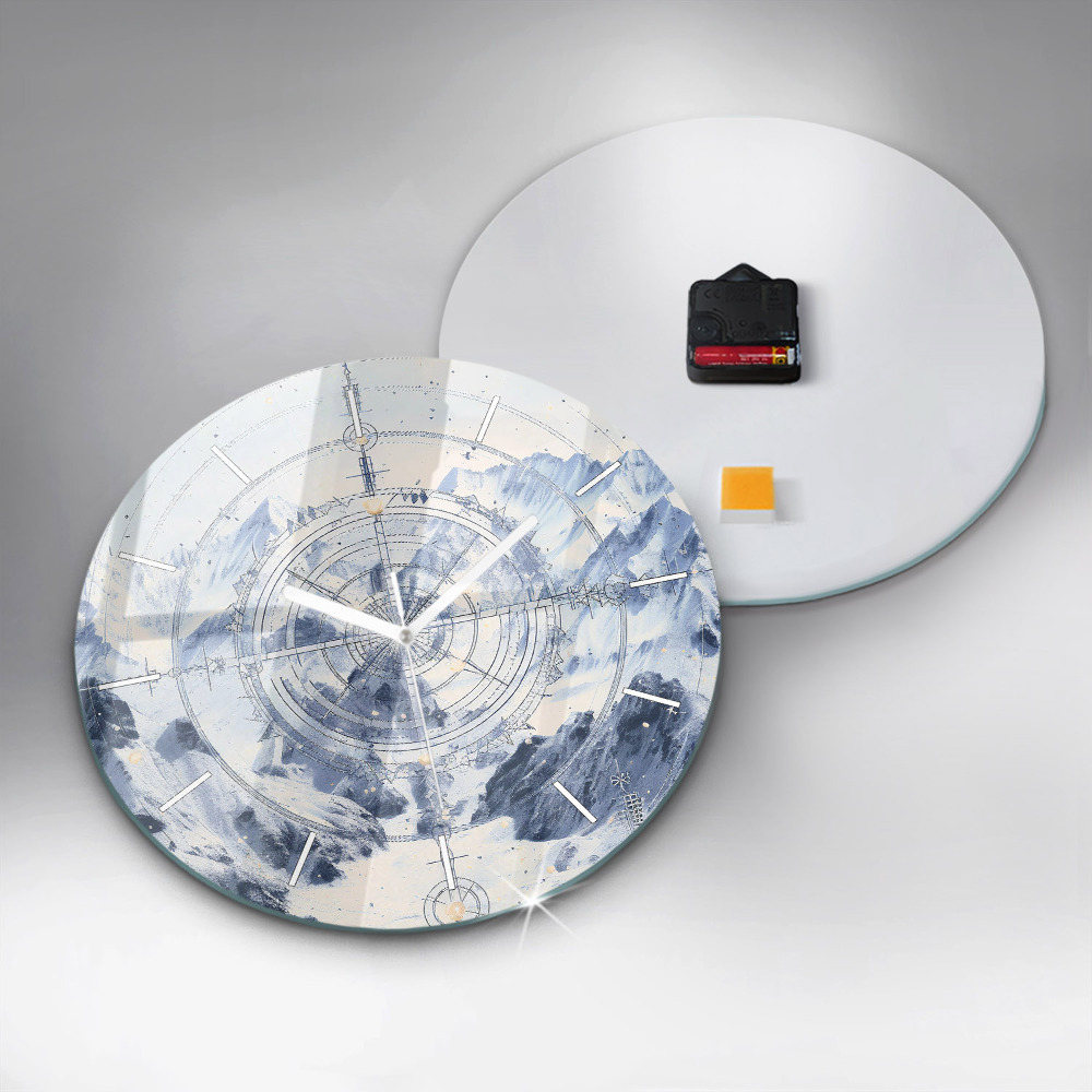 Round glass wall clock Blue drawings - mirrormatic.co.uk